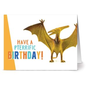 note card cafe happy birthday cards with yellow envelopes | 24 pack | pterrific pterodactyl design | blank inside, glossy finish | bulk set for greeting, occasions, birthdays