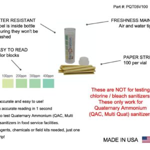 Five Pack Restaurant Quaternary Ammonium (QAC, Multi Quat) Sanitizer Test Paper, 0-500 ppm [5 Vials of 100 Paper Strips]