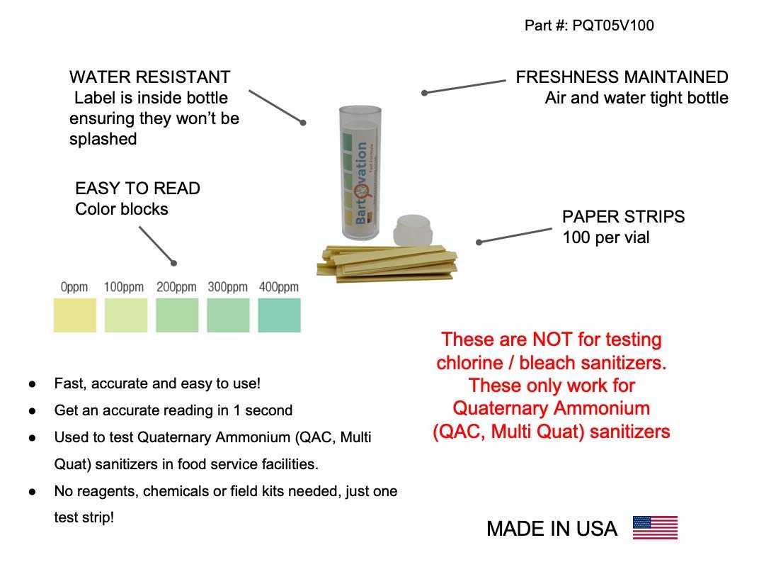 Five Pack Restaurant Quaternary Ammonium (QAC, Multi Quat) Sanitizer Test Paper, 0-500 ppm [5 Vials of 100 Paper Strips]