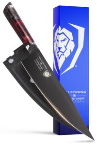 dalstrong chef knife - 9.5 inch - spartan ghost series - premium american forged s35vn powdered steel - razor sharp kitchen knife - chef's knife - maple & red resin handle - sheath