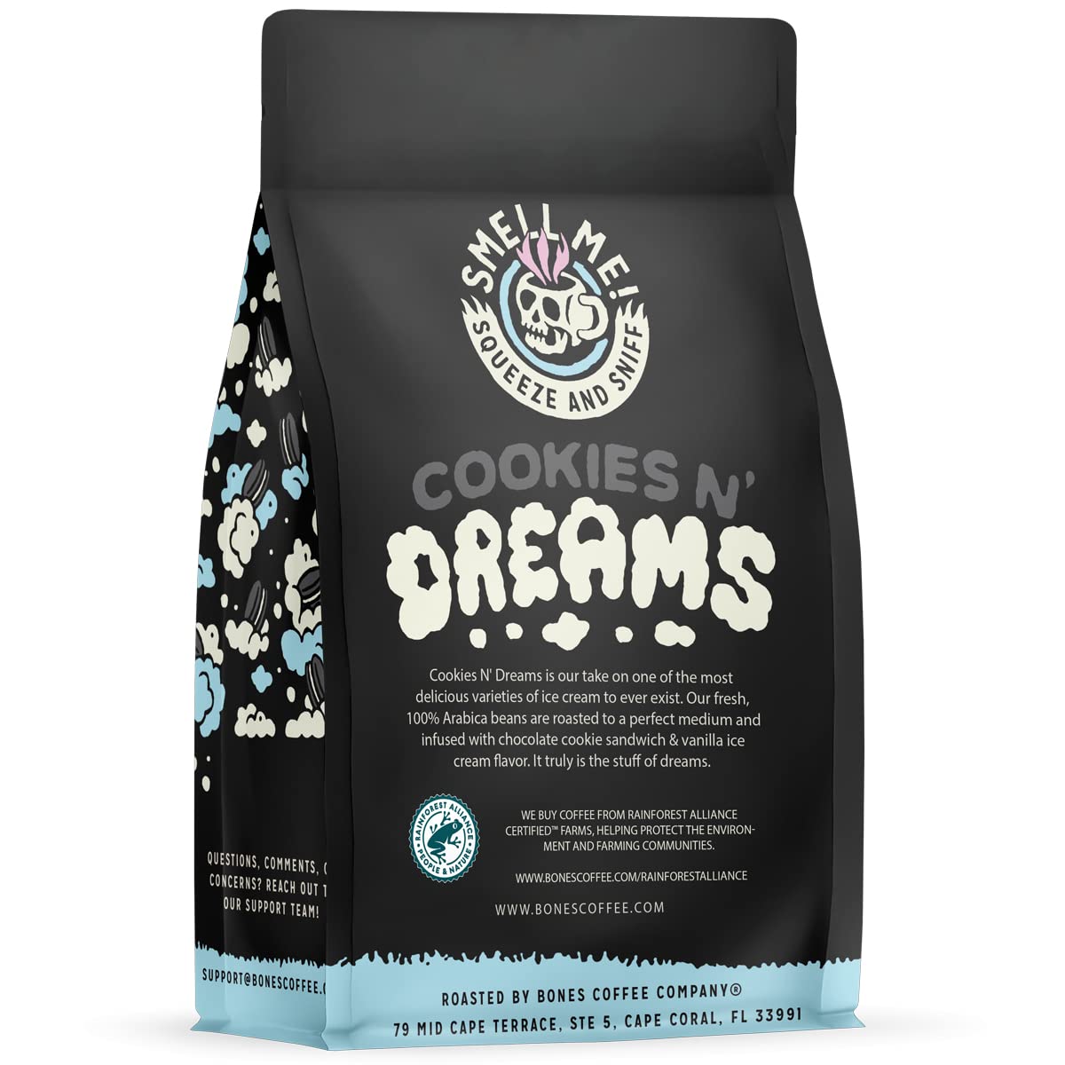 Bones Coffee Company Cookies 'N Dreams Ground Coffee Beans Cookies & Cream Flavor, Low Acid Flavored Coffee, Made with Arabica Coffee Beans, Medium Roast Coffee, Coffee Lover Gift Ideas (12 oz)