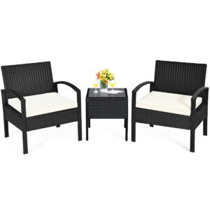 tangkula 3 piece patio conversation set, outdoor rattan sofa set with white seat cushions & coffee table, patio wicker furniture set for garden balcony backyard poolside (black)