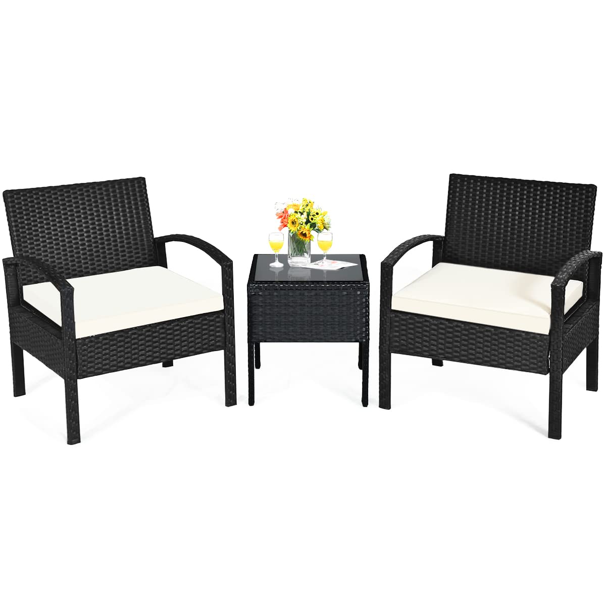 Tangkula 3 Piece Patio Conversation Set, Outdoor Rattan Sofa Set with White Seat Cushions & Coffee Table, Patio Wicker Furniture Set for Garden Balcony Backyard Poolside (Black)