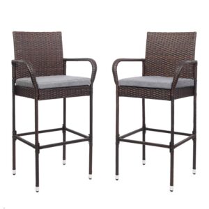 vingli outdoor wicker bar stools set of 2 with cushions, outdoor bar chairs bar height tall patio chairs, outdoor barstools for garden pool lawn backyard