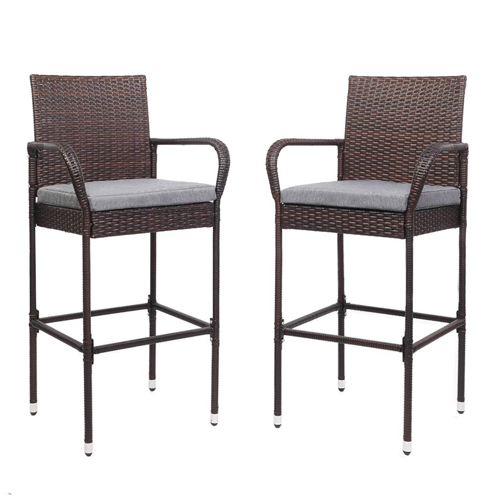 VINGLI Outdoor Wicker Bar Stools Set of 2 with Cushions, Outdoor Bar Chairs Bar Height Tall Patio Chairs, Outdoor Barstools for Garden Pool Lawn Backyard