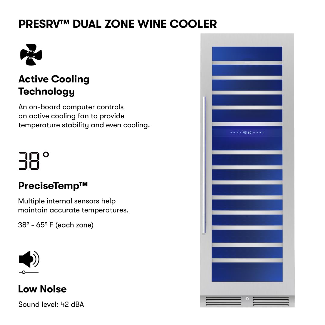 Zephyr Presrv 24" Wine Fridge Full Size Dual Zone - Wine Cooler Cellars Large Cabinet Wine Refrigerator Home Bar Chiller Freestanding with French Glass Door - 138 Bottles 750 ml