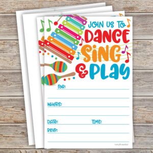 Kids Music Invitations (20 Count) With Envelopes - Musical Instruments Birthday Party Invites