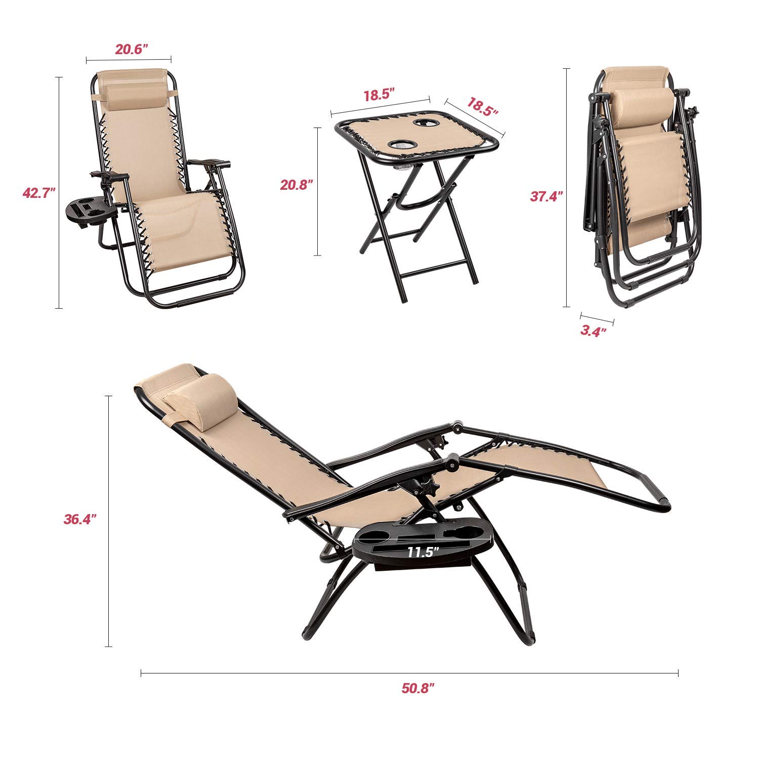 Homall 3 Pcs Zero Gravity Chair Patio Folding Recliner Outdoor Chaise Lounge Chairs Portable Reclining Chair Set with Side Table (Beige)