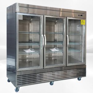 Commercial Refrigerator Glass 3-Door Merchandiser Display Cooler Fridge Stainless Steel Case NSF, Bottom-Mounted 83 inches width, capacity 65 cuft 110V, Restaurant Kitchen Cafe C83RG