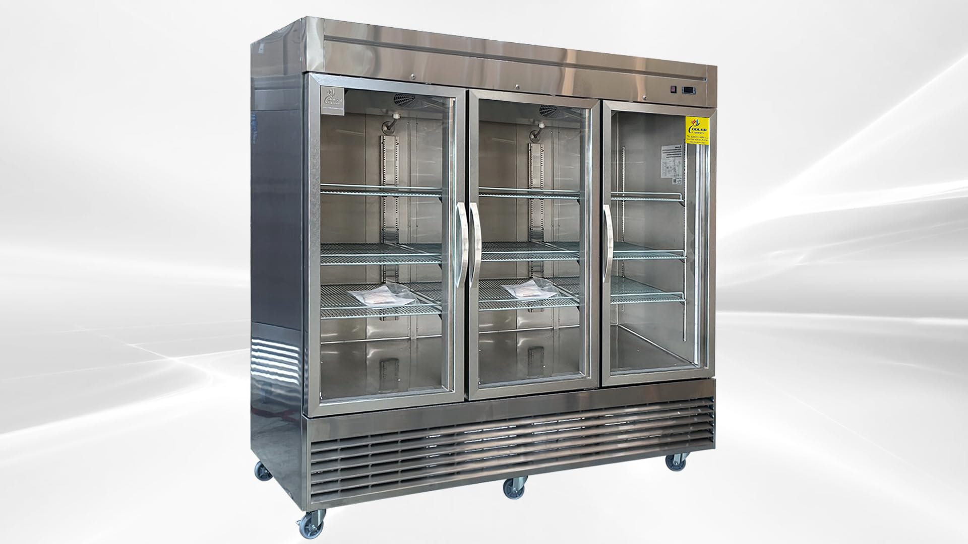 Commercial Refrigerator Glass 3-Door Merchandiser Display Cooler Fridge Stainless Steel Case NSF, Bottom-Mounted 83 inches width, capacity 65 cuft 110V, Restaurant Kitchen Cafe C83RG