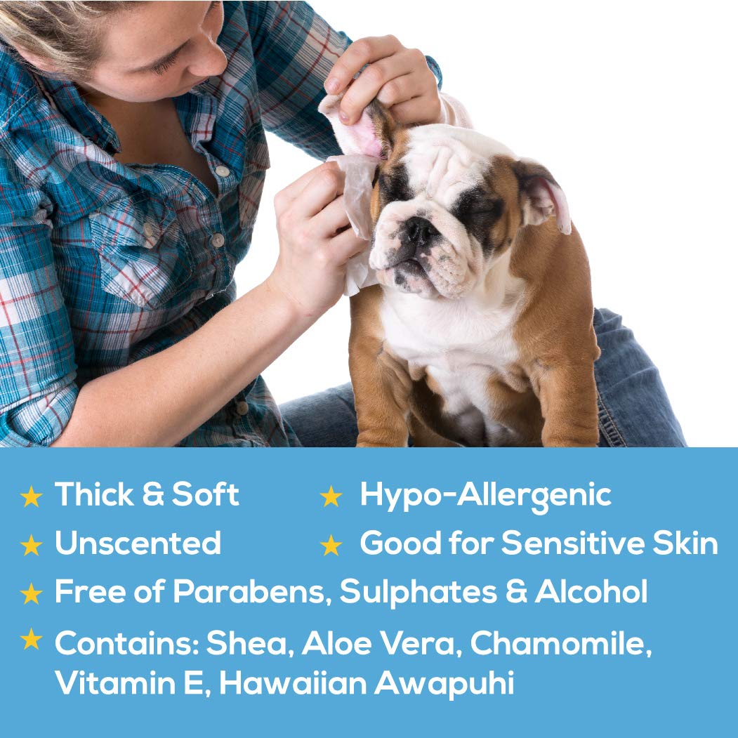 Pets First DOG GROOMING WIPES Hypoallergenic All-Natural Dog Wipes. LARGE SIZE 100 count, Unscented, Smooth, Hydrating, Deodorizing PET CAT DOG WIPE w Aloe Vera Lotion, Vitamin E, SOOTHING ENTIRE BODY