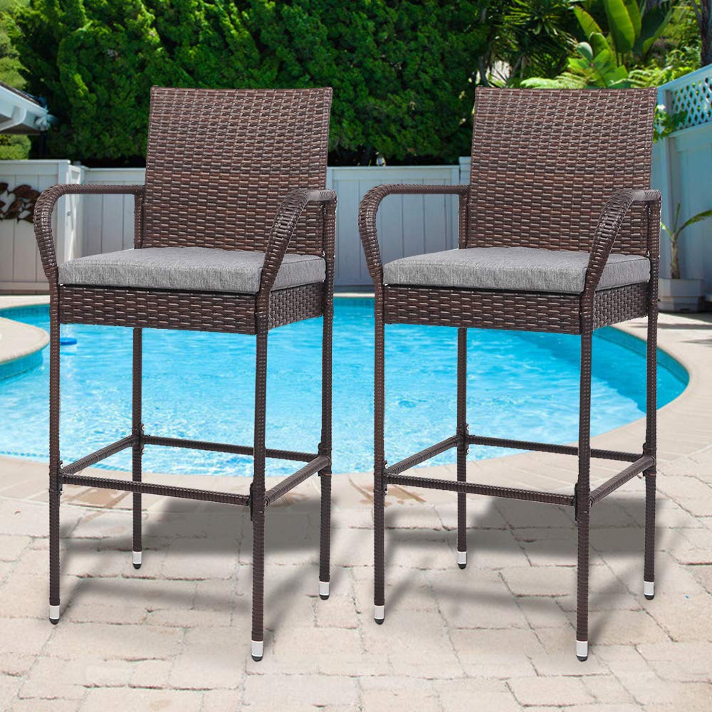 VINGLI Outdoor Wicker Bar Stools Set of 2 with Cushions, Outdoor Bar Chairs Bar Height Tall Patio Chairs, Outdoor Barstools for Garden Pool Lawn Backyard