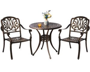 grepatio 3 piece all weather cast aluminum dining set - 2 patterned back chairs, 1 bistro table with umbrella hole -outdoor furniture dining set for patio, antique bronze