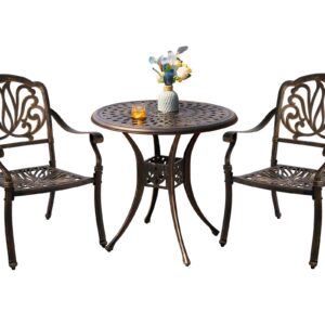 Grepatio 3 Piece All Weather Cast Aluminum Dining Set - 2 Patterned Back Chairs, 1 Bistro Table with Umbrella Hole -Outdoor Furniture Dining Set for Patio, Antique Bronze