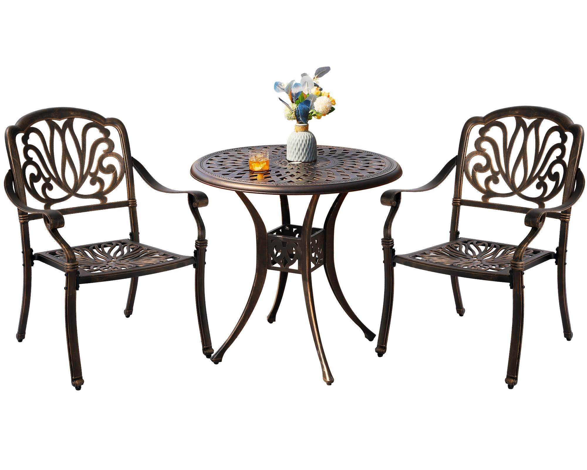 Grepatio 3 Piece All Weather Cast Aluminum Dining Set - 2 Patterned Back Chairs, 1 Bistro Table with Umbrella Hole -Outdoor Furniture Dining Set for Patio, Antique Bronze