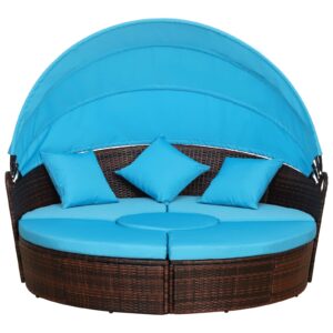 outsunny 4-piece round convertible daybed with cushions, outdoor pe rattan patio wicker sofa set, sunbed with adjustable sun canopy, sectional sofa, 2 chairs, table, 3 pillows, light blue