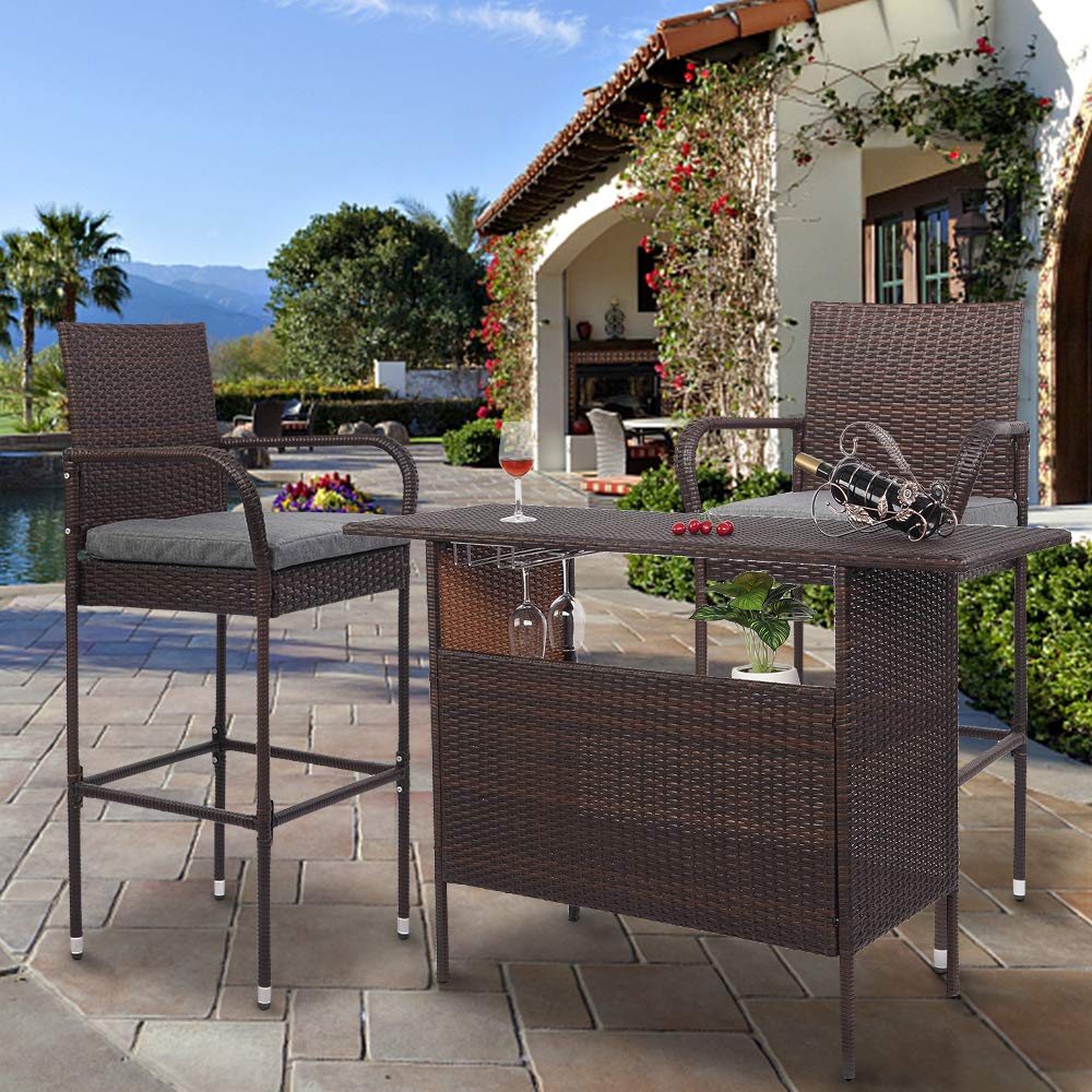 VINGLI Outdoor Wicker Bar Stools Set of 2 with Cushions, Outdoor Bar Chairs Bar Height Tall Patio Chairs, Outdoor Barstools for Garden Pool Lawn Backyard