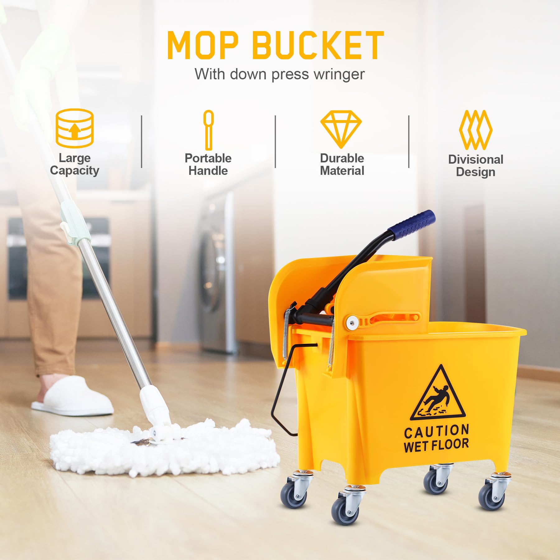 Samger Heavy Duty Mop Bucket with Wringer on Wheels, 5 Gallon Plastic Tandem Mopping Bucket, 21 Quart Portable Mop Bucket for Household Commercial Use Yellow