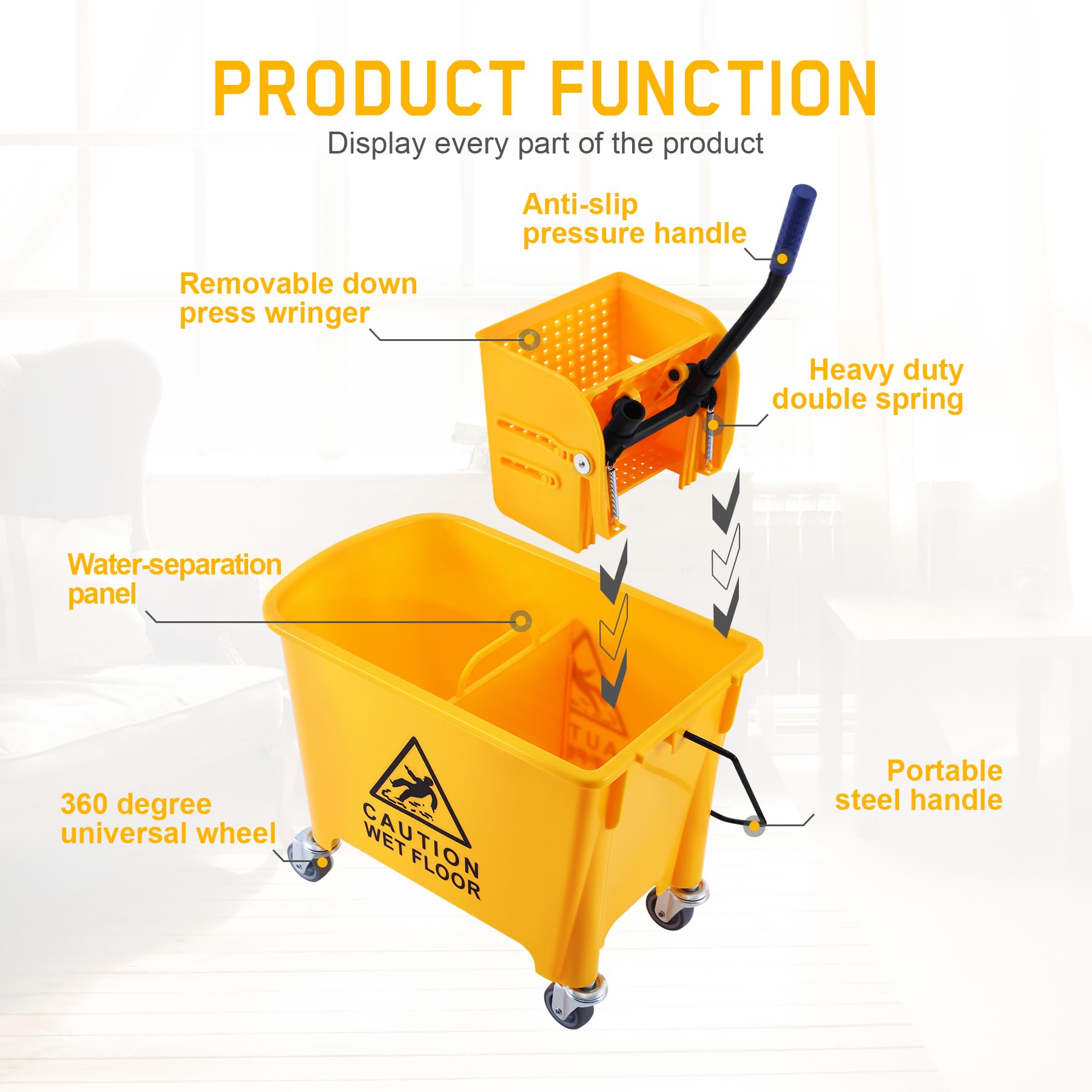 Samger Heavy Duty Mop Bucket with Wringer on Wheels, 5 Gallon Plastic Tandem Mopping Bucket, 21 Quart Portable Mop Bucket for Household Commercial Use Yellow