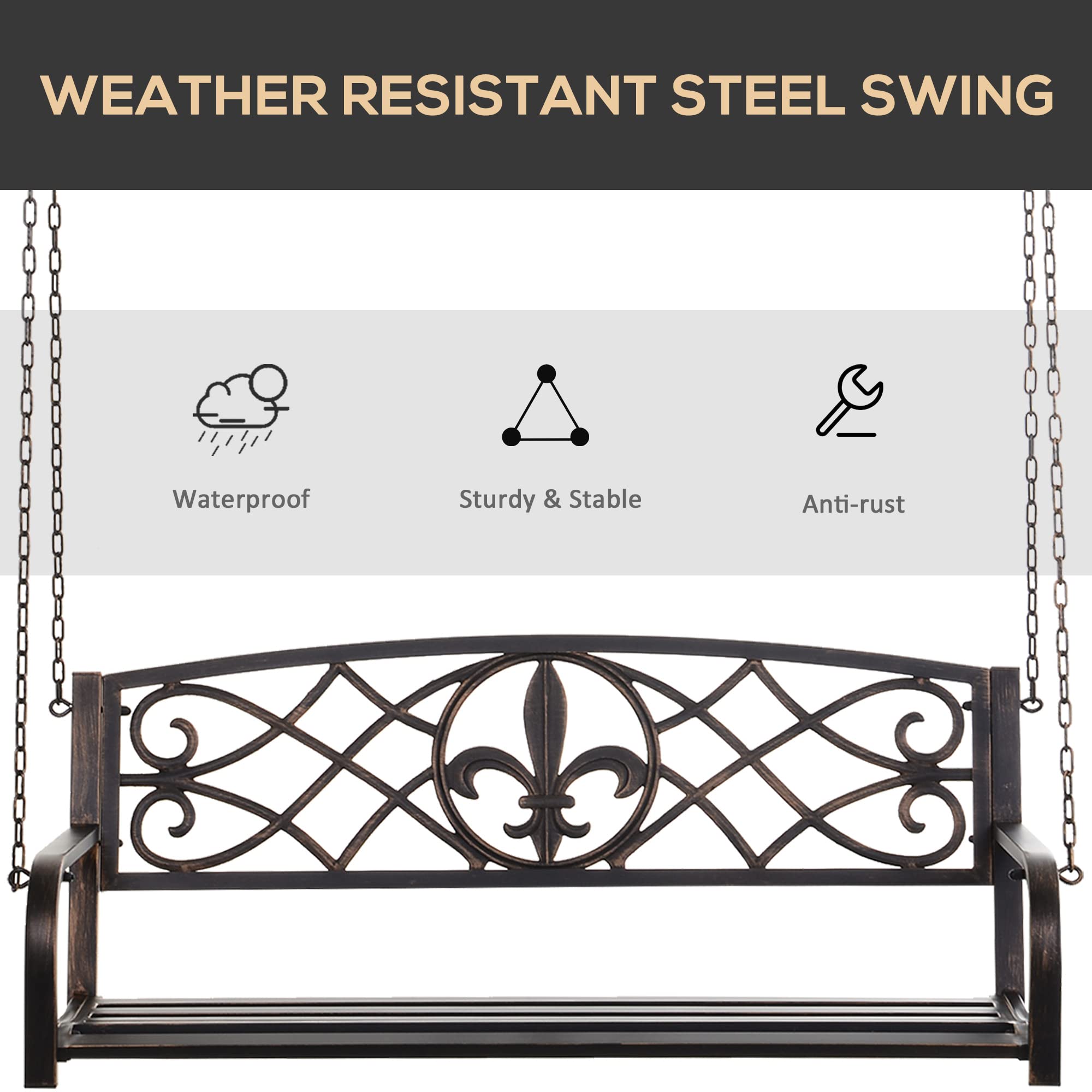 Outsunny 2-Person Porch Swing, Hanging Steel Patio Swing, Outdoor Swing Bench with Fleur-de-Lis Design for Garden Deck, 528 LBS Weight Capacity, Bronze