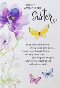 greeting card for my wonderful sister happy birthday with butterflies and purple flowers - i hope you know how much you mean to me and how much i love you