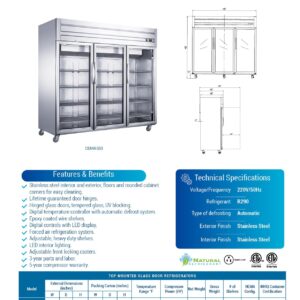 Commercial Refrigerator Glass 3-Door Merchandiser Display Cooler Fridge Stainless Steel Case NSF, Bottom-Mounted 83 inches width, capacity 65 cuft 110V, Restaurant Kitchen Cafe C83RG