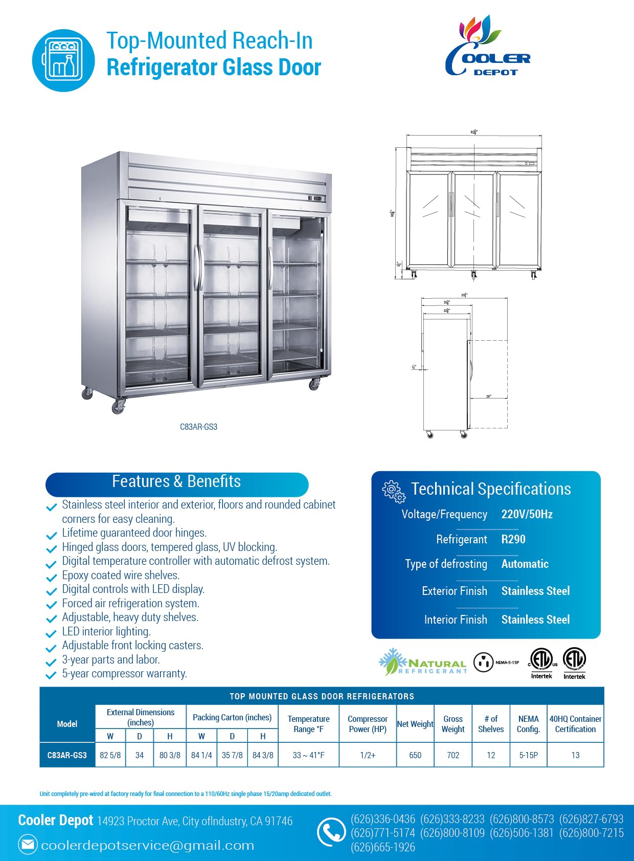 Commercial Refrigerator Glass 3-Door Merchandiser Display Cooler Fridge Stainless Steel Case NSF, Bottom-Mounted 83 inches width, capacity 65 cuft 110V, Restaurant Kitchen Cafe C83RG