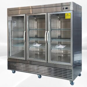 commercial refrigerator glass 3-door merchandiser display cooler fridge stainless steel case nsf, bottom-mounted 83 inches width, capacity 65 cuft 110v, restaurant kitchen cafe c83rg