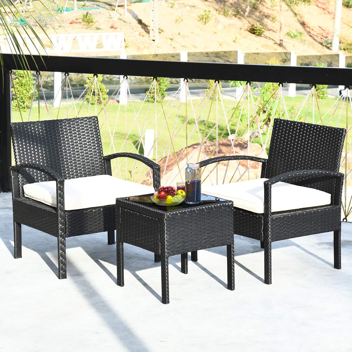 Tangkula 3 Piece Patio Conversation Set, Outdoor Rattan Sofa Set with White Seat Cushions & Coffee Table, Patio Wicker Furniture Set for Garden Balcony Backyard Poolside (Black)