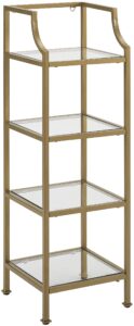 crosley furniture aimee short bookshelf with glass shelves, small bookcase storage, gold and glass