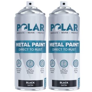 polar satin black direct to rust spray paint - 2 x 13.5fl oz - protect and stop rust & corrosion - primer, undercoat, topcoat - quick dry formula - ideal for metal, wood, plastic and ceramic surfaces