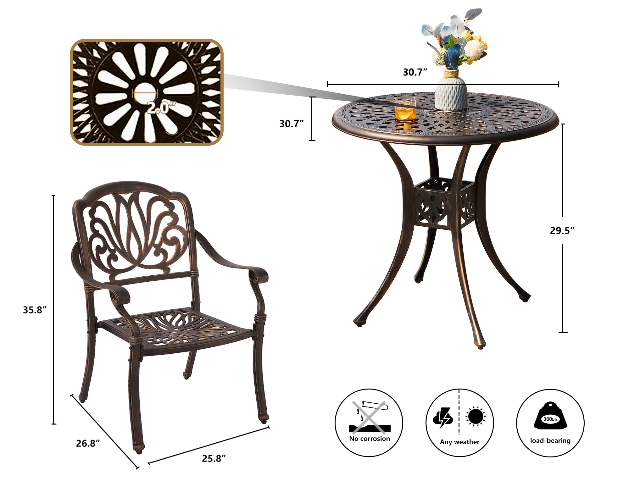 Grepatio 3 Piece All Weather Cast Aluminum Dining Set - 2 Patterned Back Chairs, 1 Bistro Table with Umbrella Hole -Outdoor Furniture Dining Set for Patio, Antique Bronze