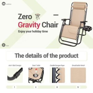 Homall 3 Pcs Zero Gravity Chair Patio Folding Recliner Outdoor Chaise Lounge Chairs Portable Reclining Chair Set with Side Table (Beige)