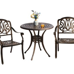 Grepatio 3 Piece All Weather Cast Aluminum Dining Set - 2 Patterned Back Chairs, 1 Bistro Table with Umbrella Hole -Outdoor Furniture Dining Set for Patio, Antique Bronze