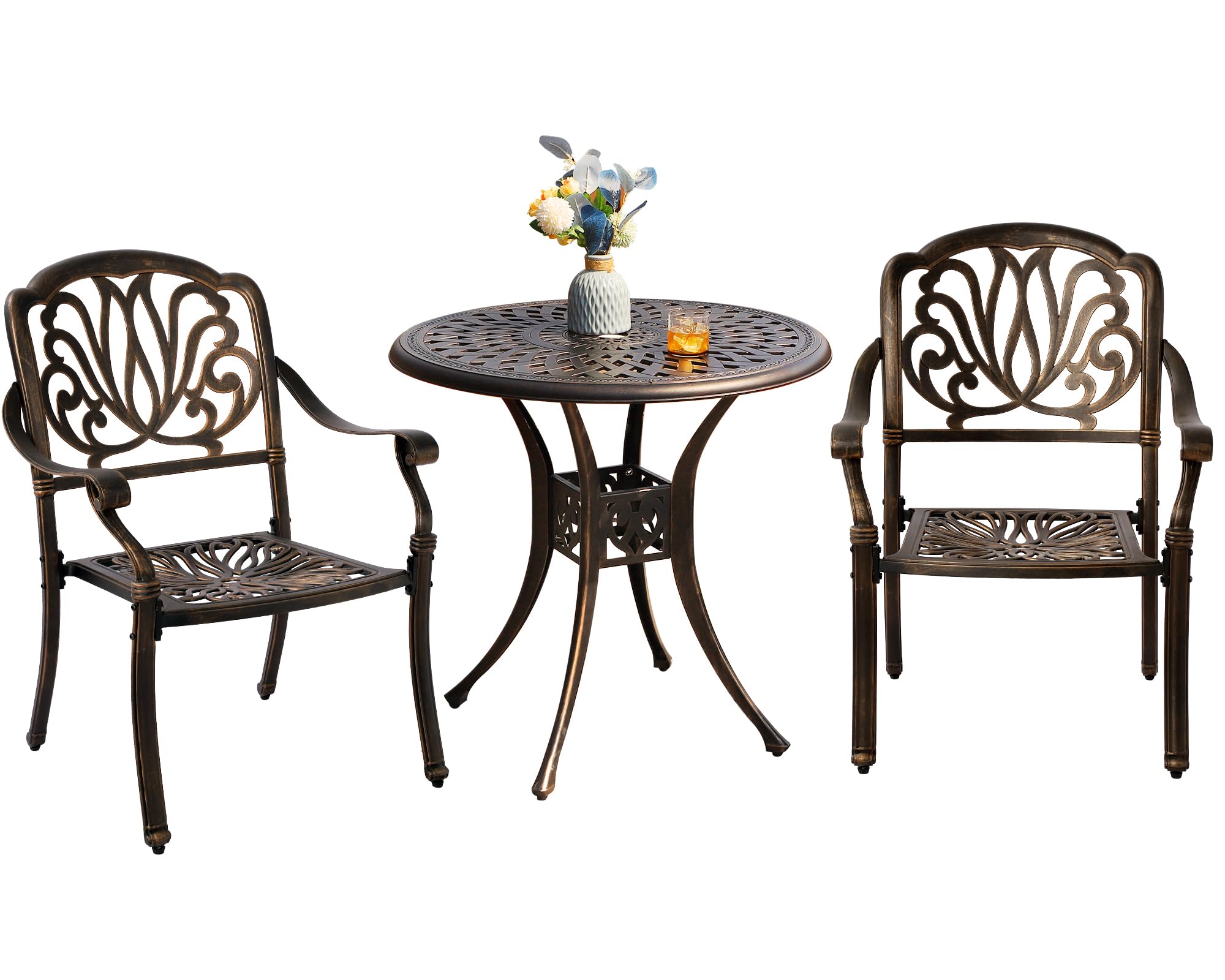 Grepatio 3 Piece All Weather Cast Aluminum Dining Set - 2 Patterned Back Chairs, 1 Bistro Table with Umbrella Hole -Outdoor Furniture Dining Set for Patio, Antique Bronze