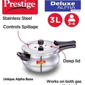 Prestige Deluxe Svachh Stainless Steel Pressure Cooker with Alpha Base and Deep Lid for Spillage Control, (3.0L Mini Handi), SILVER