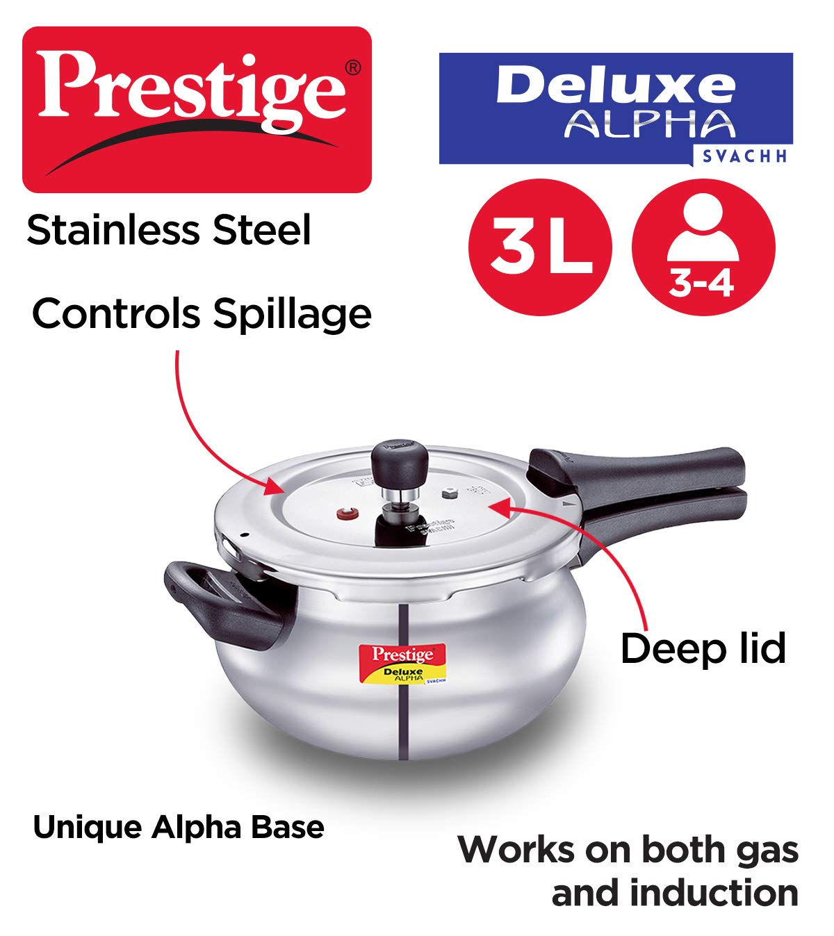 Prestige Deluxe Svachh Stainless Steel Pressure Cooker with Alpha Base and Deep Lid for Spillage Control, (3.0L Mini Handi), SILVER