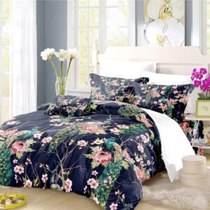 REALIN Peafowls Duvet Cover Set Chinese Style Bedding Noble Green Peacock Bed Sets 2/3/4PCS Quilt Covers/Sheets/Pillow Shams,Twin/Full/Queen/King (E,King-229x259cm-4PCS)