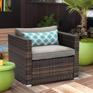 hompus outdoor single chairs all weather handwoven mottlewood brown rattan w warm grey cushion w pillow for garden, poolside, backyard