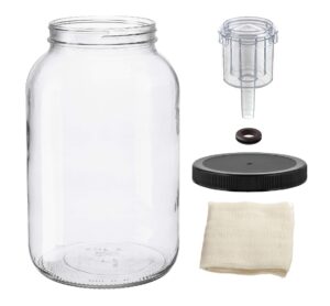 north mountain supply 1 gallon glass wide mouth jar with drilled black plastic lid, 2-piece airlock, & cheesecloth - usda approved, bpa-free, dishwasher safe for fermenting