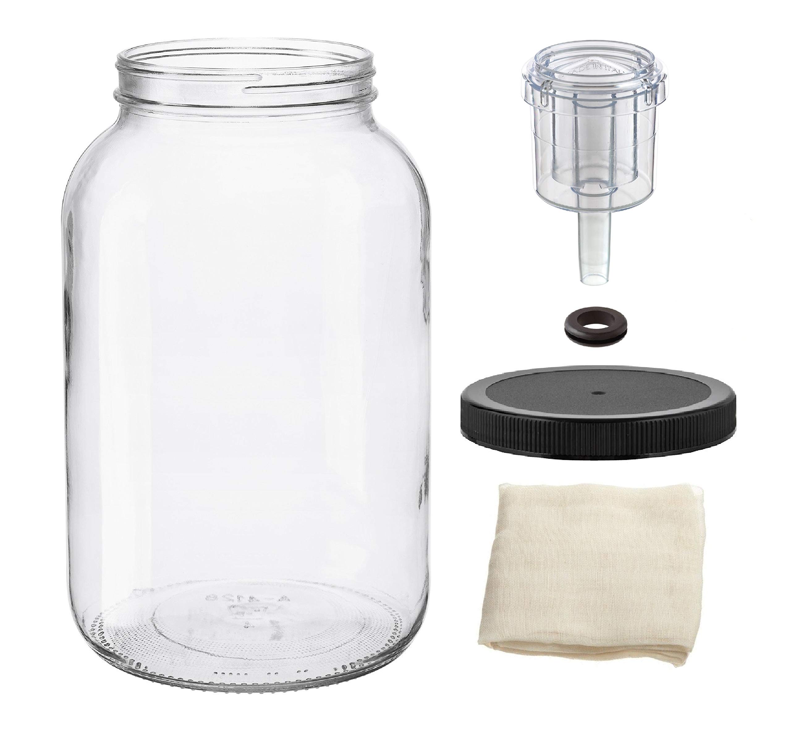 North Mountain Supply 1 Gallon Glass Wide Mouth Jar With Drilled Black Plastic Lid, 2-Piece Airlock, & Cheesecloth - USDA Approved, BPA-Free, Dishwasher Safe For Fermenting