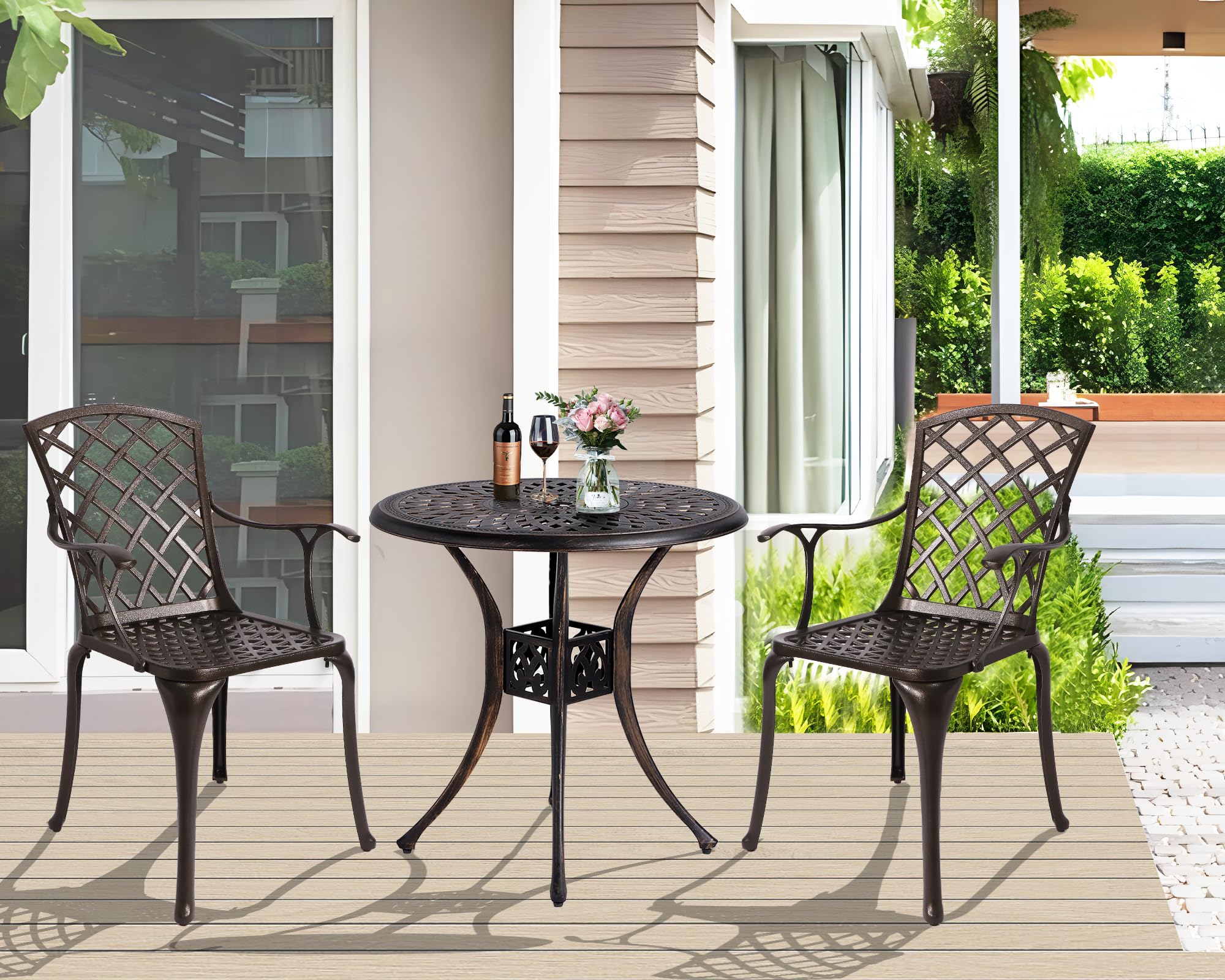 TITIMO 3 Piece Outdoor Bistro Table Set Cast Aluminum Table and Chairs Patio Furniture Antique Bronze