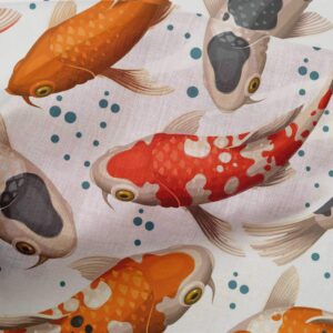 oneOone Cotton Poplin White Fabric Bubbles & Koi Fish Ocean Sewing Fabric by The Yard Printed DIY Clothing Sewing Supplies 42 Inch Wide