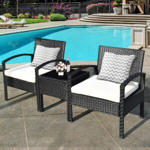 Tangkula 3 Piece Patio Conversation Set, Outdoor Rattan Sofa Set with White Seat Cushions & Coffee Table, Patio Wicker Furniture Set for Garden Balcony Backyard Poolside (Black)