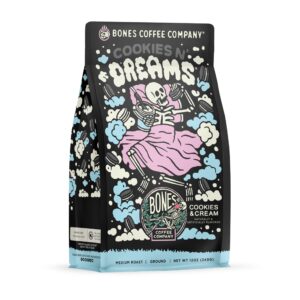 bones coffee company cookies 'n dreams ground coffee beans cookies & cream flavor, low acid flavored coffee, made with arabica coffee beans, medium roast coffee, coffee lover gift ideas (12 oz)