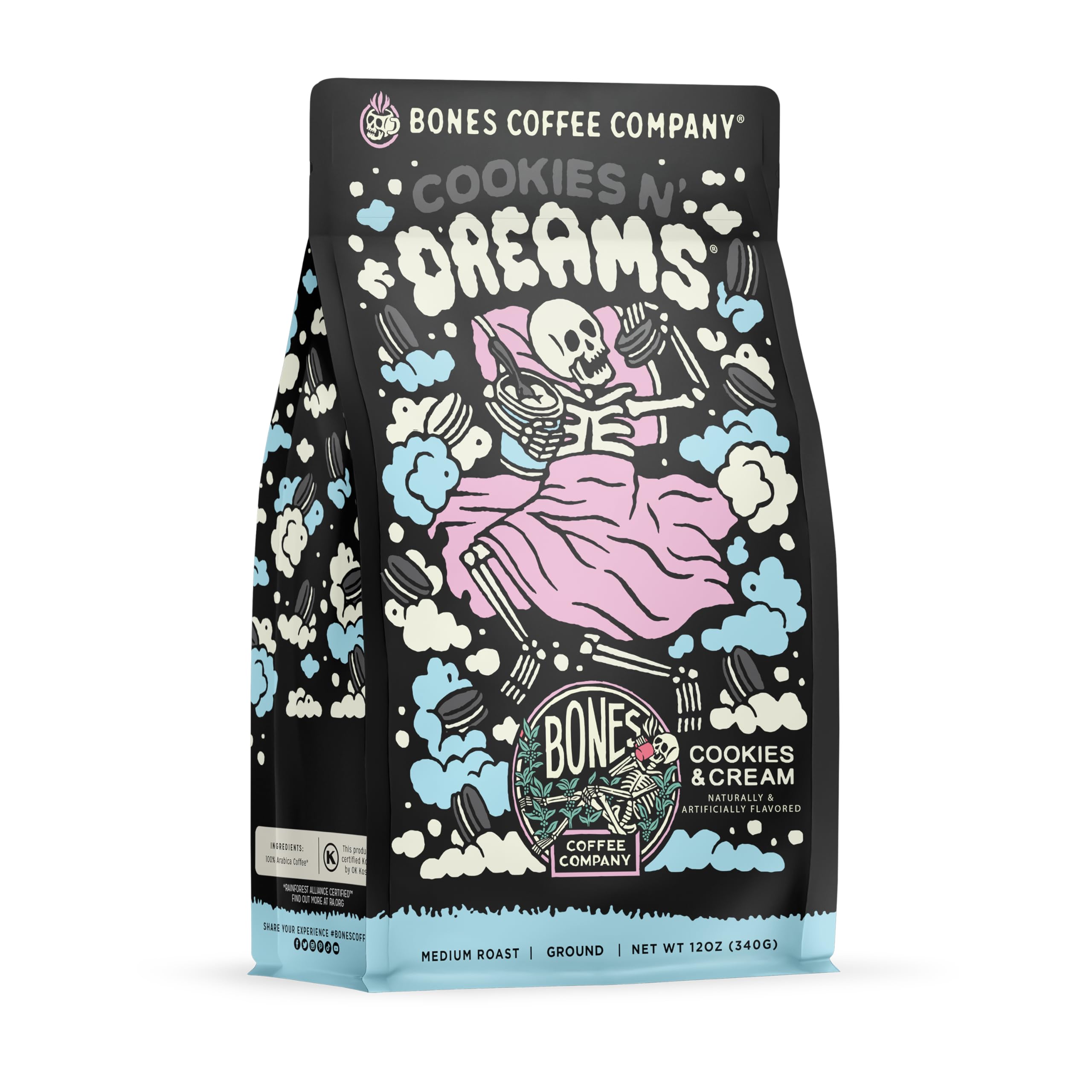 Bones Coffee Company Cookies 'N Dreams Ground Coffee Beans Cookies & Cream Flavor, Low Acid Flavored Coffee, Made with Arabica Coffee Beans, Medium Roast Coffee, Coffee Lover Gift Ideas (12 oz)