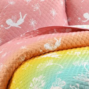 Lush Decor Dandelion Fairy Ombre Quilt, 2 Piece Set, Twin, Pastel Rainbow - Reversible Floral Print Fantasy Kids Bedding Set