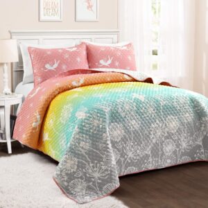 lush decor dandelion fairy ombre quilt, 2 piece set, twin, pastel rainbow - reversible floral print fantasy kids bedding set