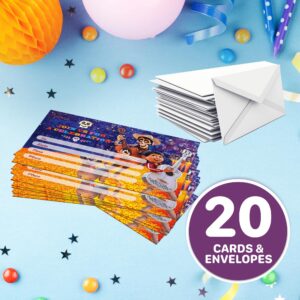 Set of 20 Coco -Themed Happy Birthday Invitation Cards & Envelopes - Lightweight (240g), Postcard Style Invites for the Perfect Party Pack