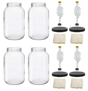 north mountain supply 1 gallon glass wide mouth jar with drilled black plastic lid, 6-bubble, & cheesecloth - set of 4 - usda approved, bpa-free, dishwasher safe for fermenting